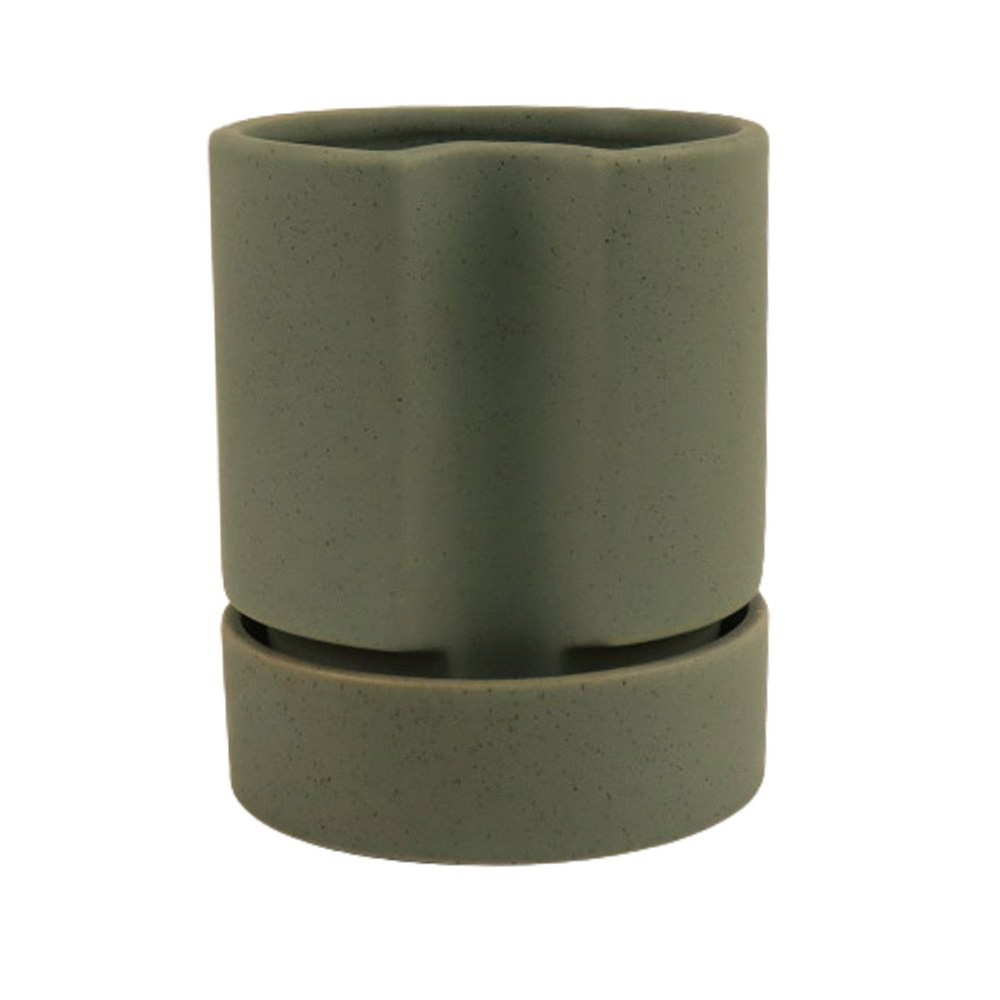 Kelly Cylinder Pot with Saucer - Green 16 x 19.5cm